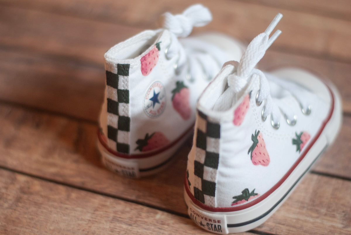 Checkered Pink Strawberry High Top Converse – With love, Paint